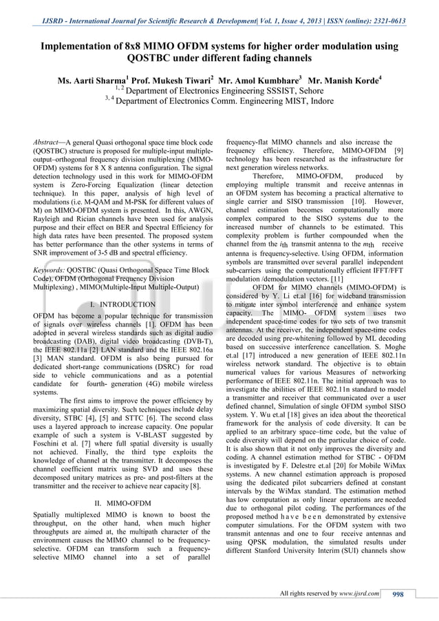 Implementation of 8x8 MIMO OFDM systems for higher order modulation using QOSTBC under different ...
