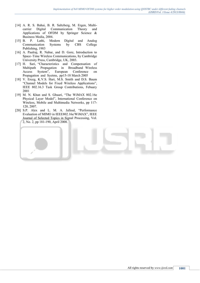 Implementation of 8x8 MIMO OFDM systems for higher order modulation using QOSTBC under different ...