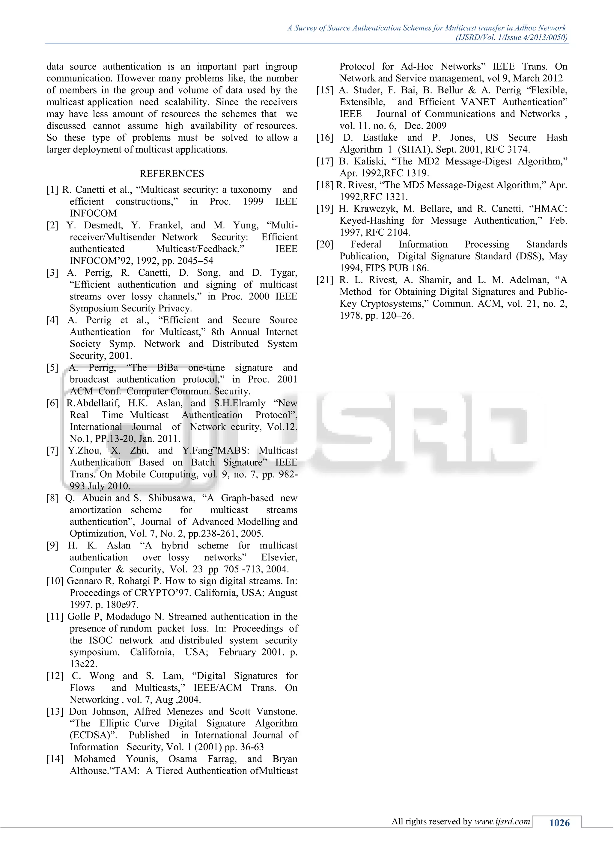 A Survey of Source Authentication Schemes for Multicast transfer in Adhoc Network | PDF