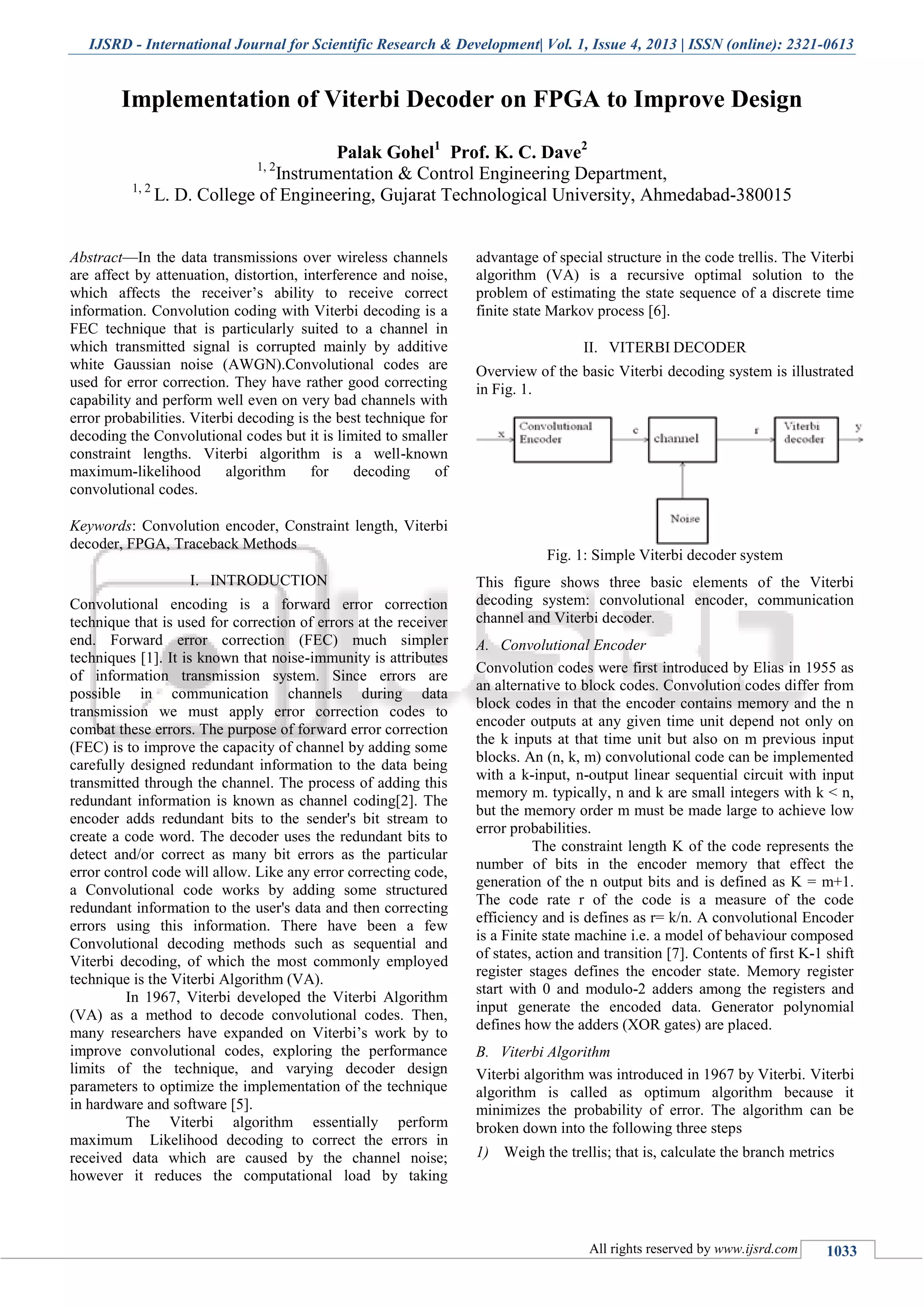 Implementation of Viterbi Decoder on FPGA to Improve Design | PDF | Computing | Technology ...