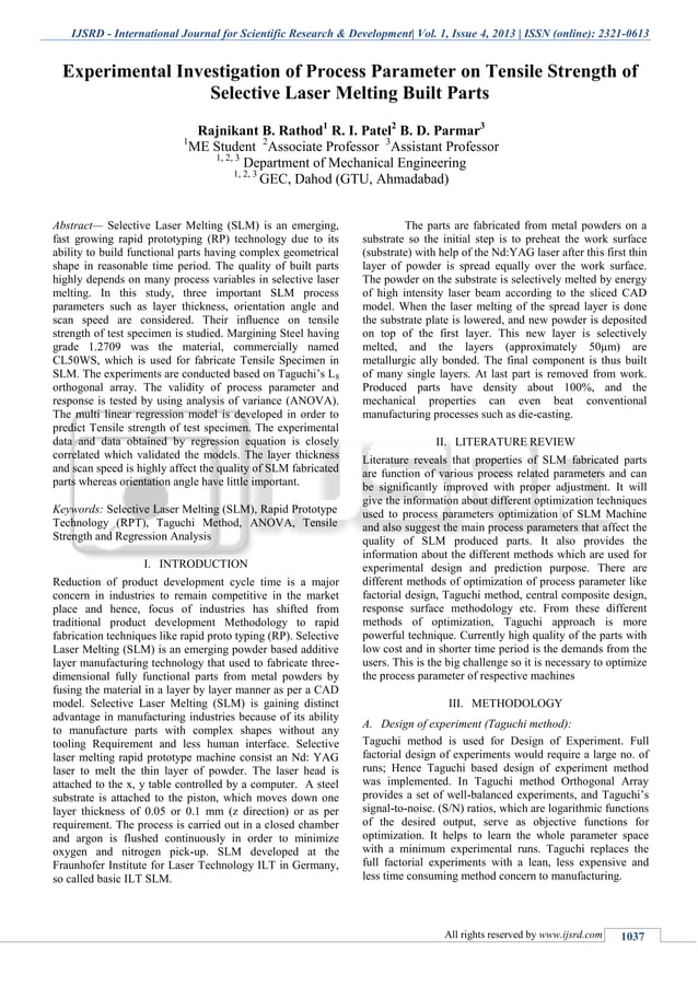 erimental Investigation of Process Parameter on Tensile Strength of Selective Laser Melting ...