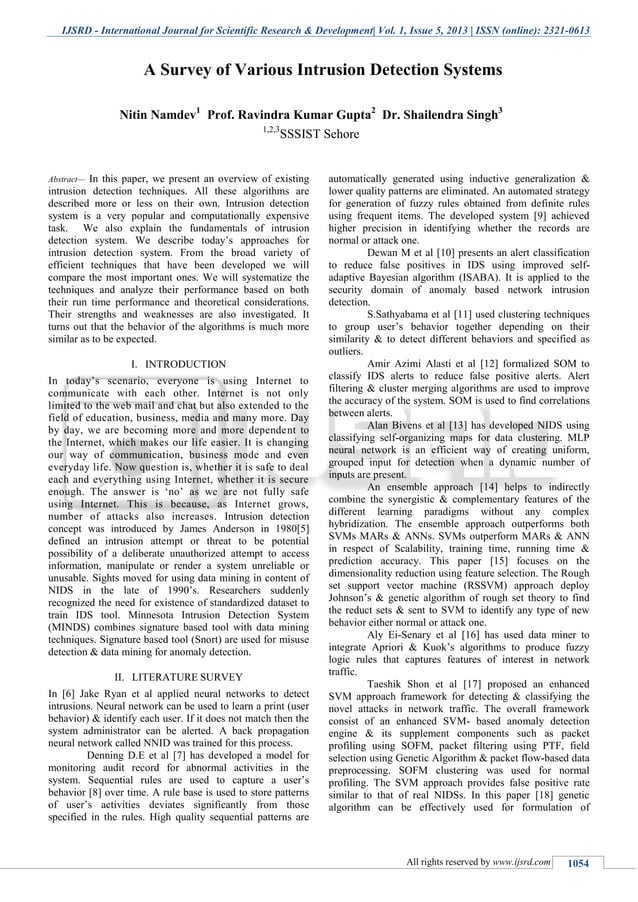 A Survey Of Various Intrusion Detection Systems Pdf Internet Safety