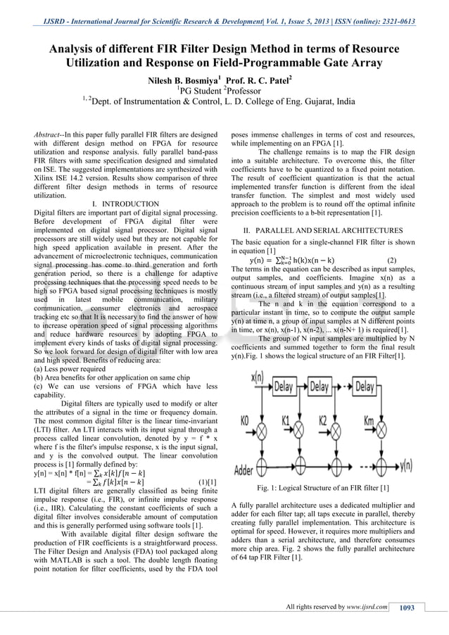 Analysis Of Different Fir Filter Design Method In Terms Of Resource Utilization And Response On