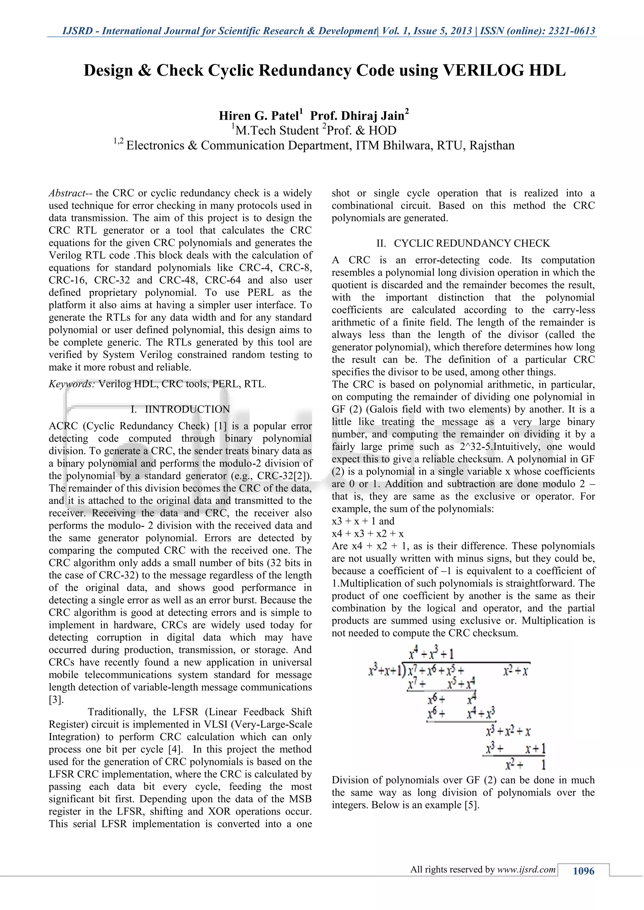 Design And Check Cyclic Redundancy Code Using Verilog Hdl Pdf Computing Technology And Computing