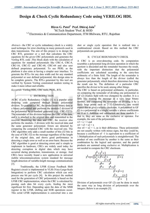 Design & Check Cyclic Redundancy Code using VERILOG HDL | PDF | Computing | Technology & Computing