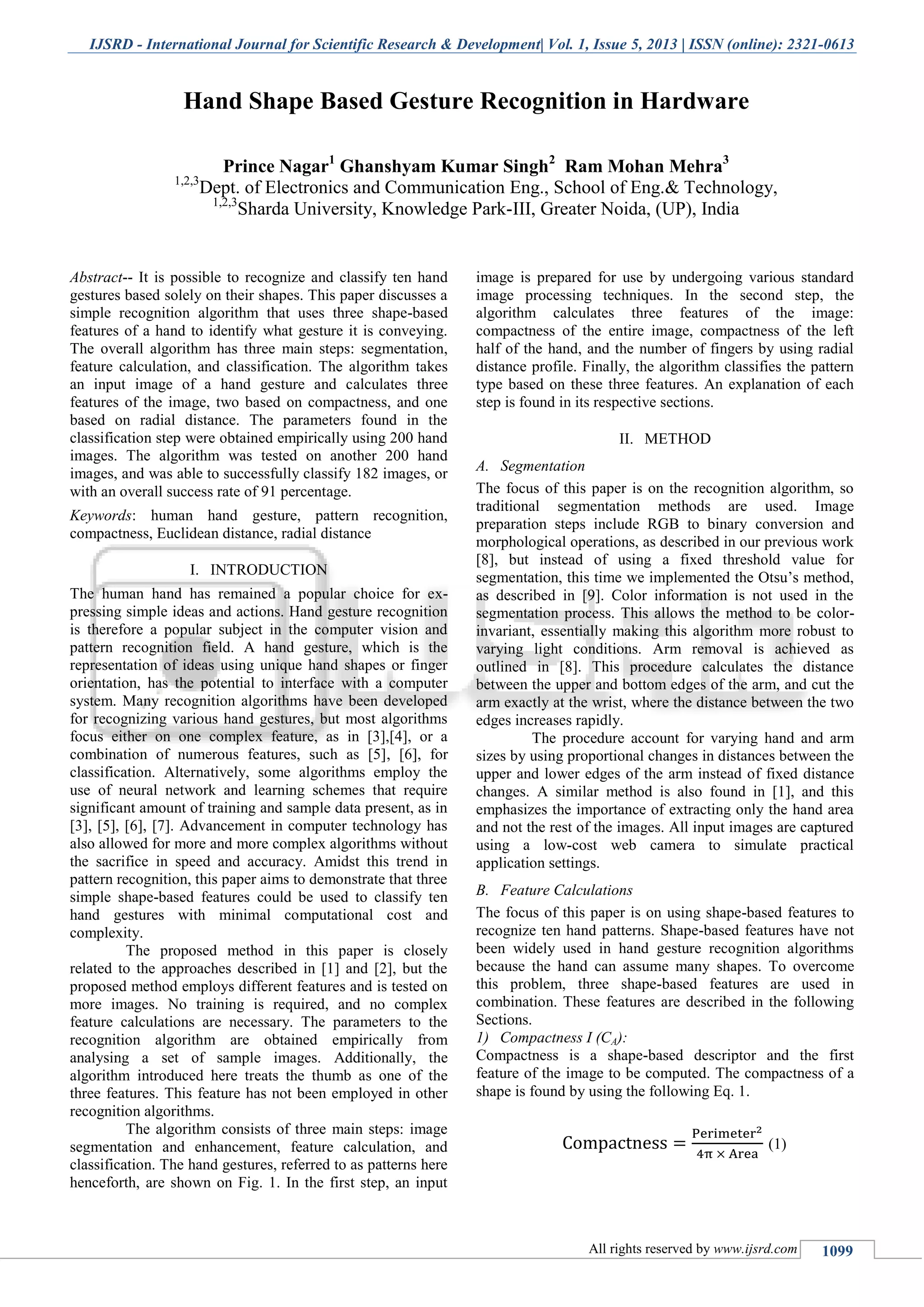 Hand Shape Based Gesture Recognition in Hardware | PDF