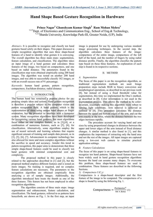 Hand Shape Based Gesture Recognition in Hardware | PDF