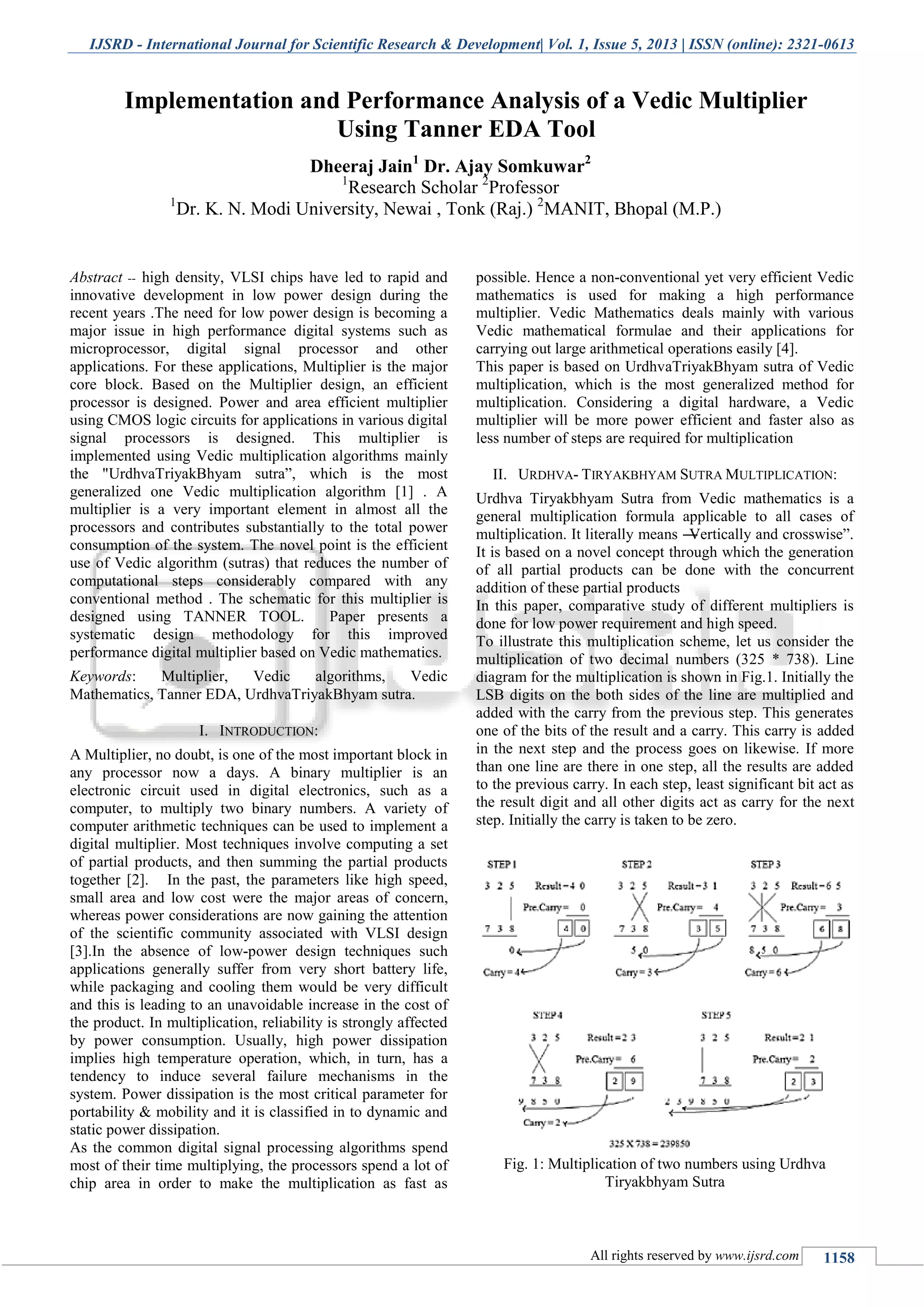 Implementation and Performance Analysis of a Vedic Multiplier Using Tanner EDA Tool | PDF