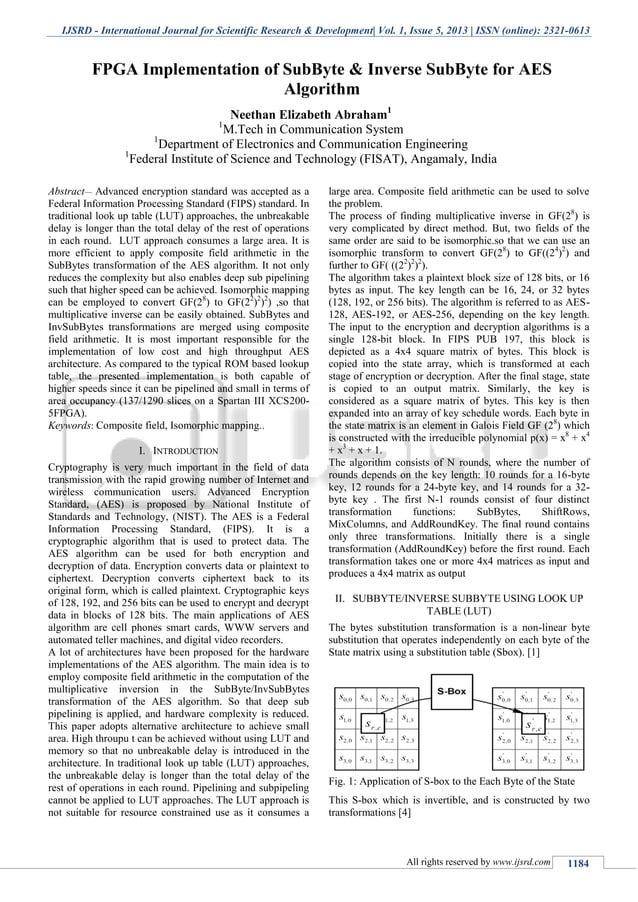 FPGA Implementation of SubByte & Inverse SubByte for AES Algorithm | PDF