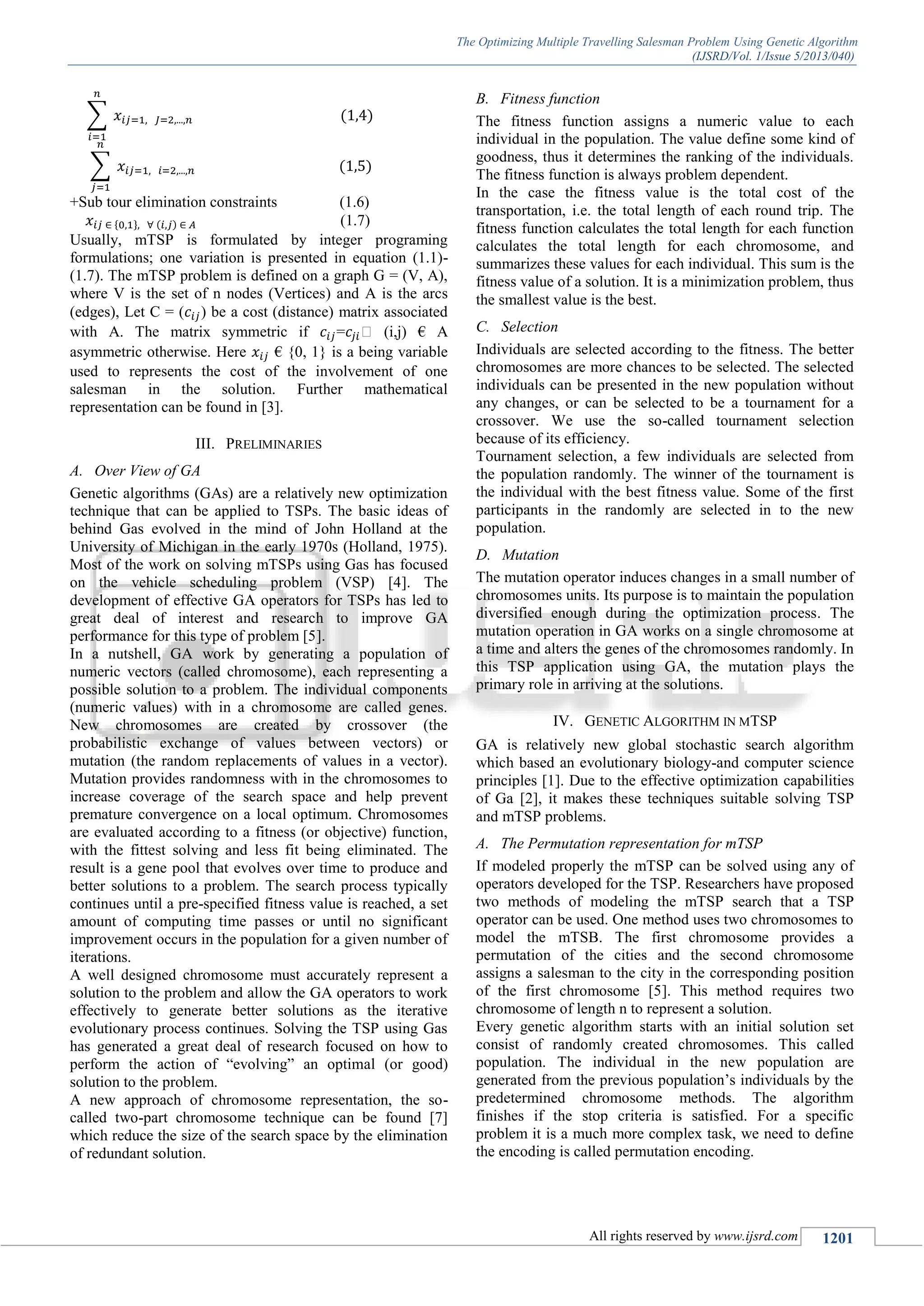 The Optimizing Multiple Travelling Salesman Problem Using Genetic Algorithm Pdf