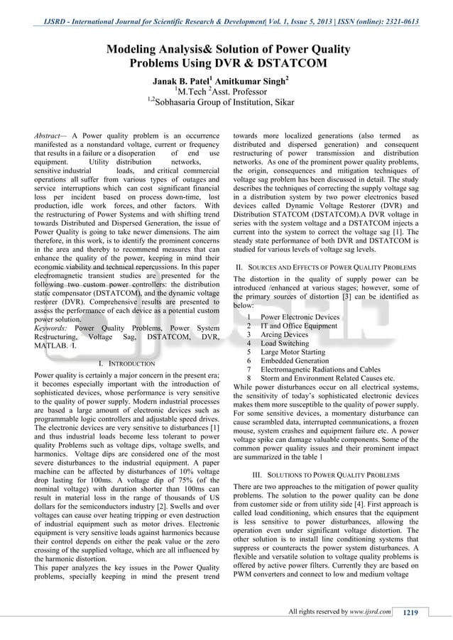 Modeling Analysis& Solution of Power Quality Problems Using DVR & DSTATCOM | PDF