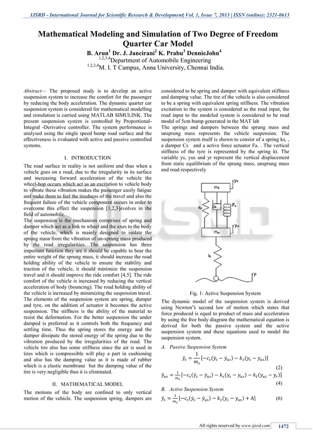 Mathematical Modeling and Simulation of Two Degree of Freedom Quarter Car Model | PDF | Physics ...