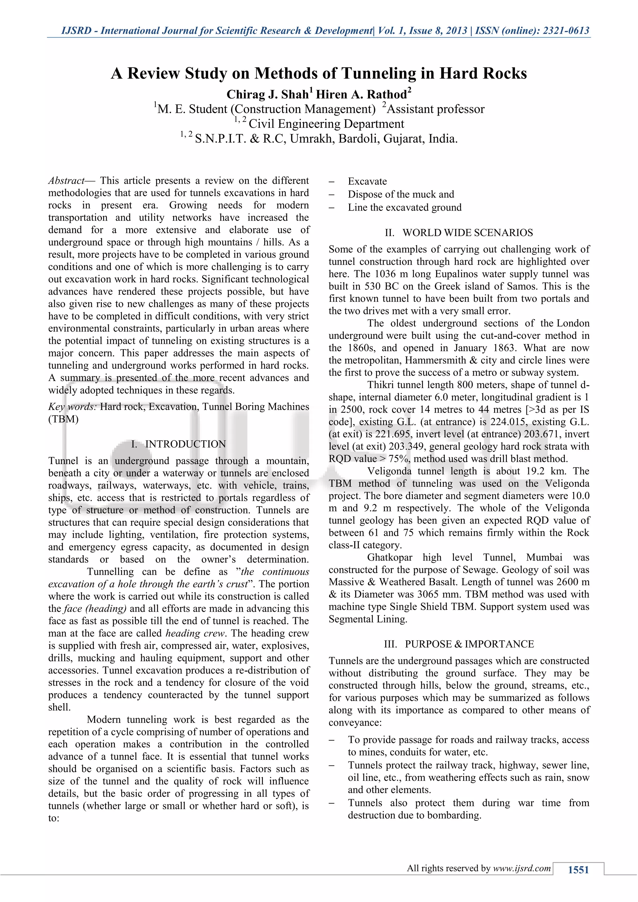 A Review Study on Methods of Tunneling in Hard Rocks | PDF