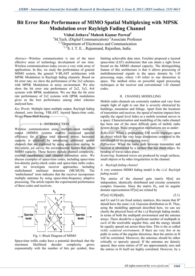 Bit Error Rate Performance Of Mimo Spatial Multiplexing With Mpsk Modulation Over Rayleigh