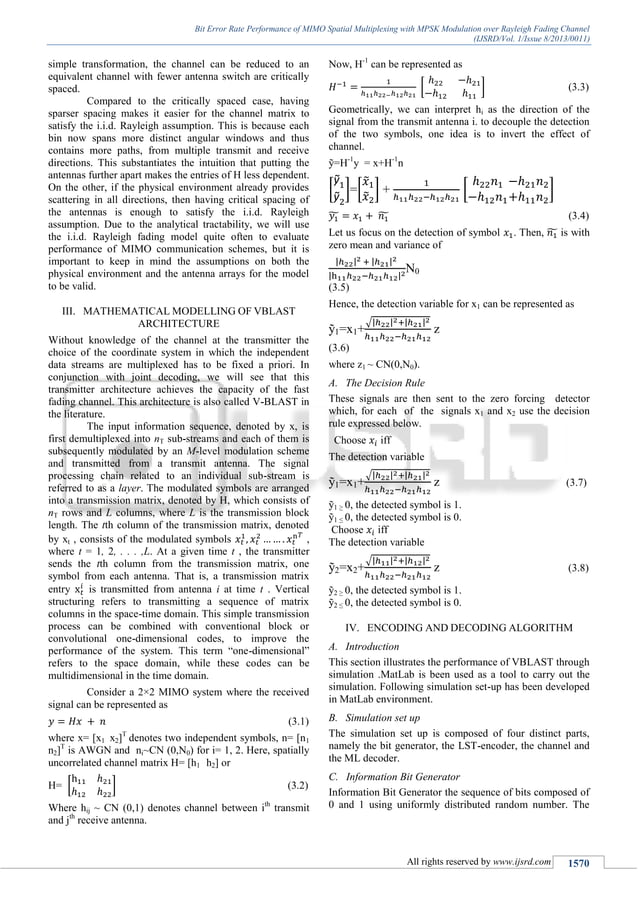 Bit Error Rate Performance Of Mimo Spatial Multiplexing With Mpsk