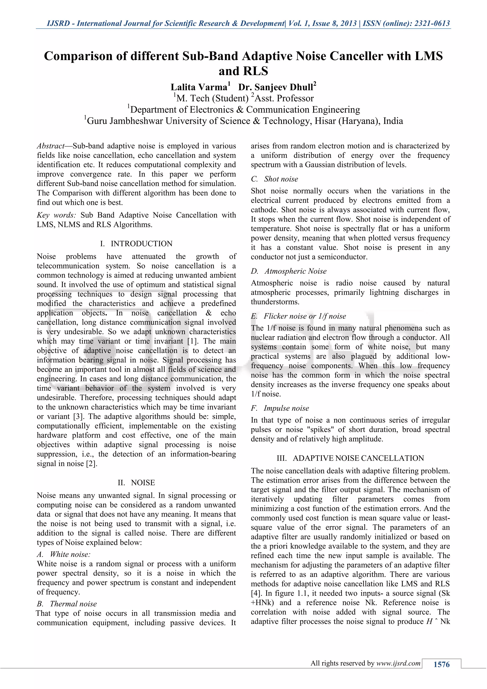 Comparison of different Sub-Band Adaptive Noise Canceller with LMS and RLS | PDF