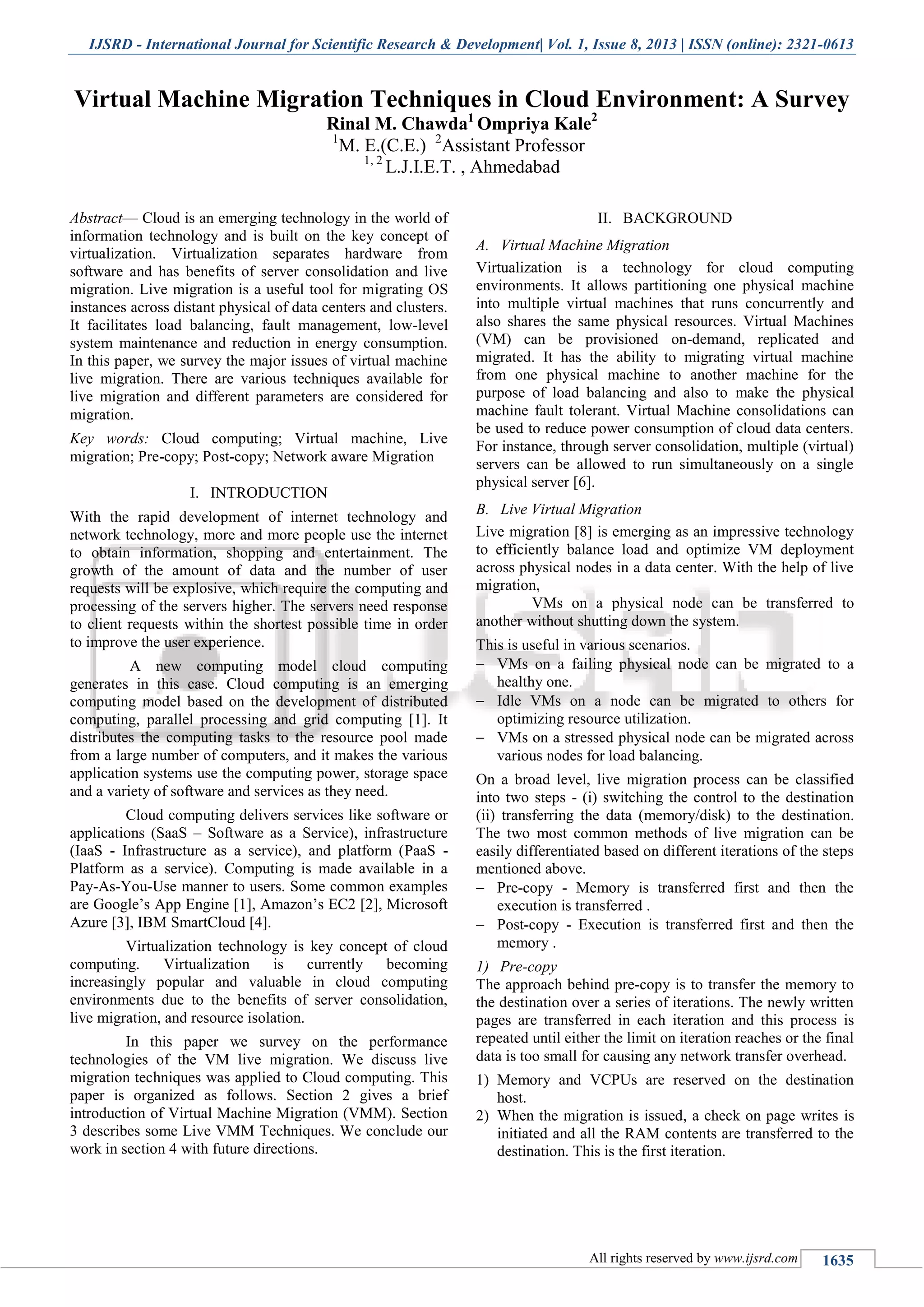 Virtual Machine Migration Techniques in Cloud Environment: A Survey | PDF
