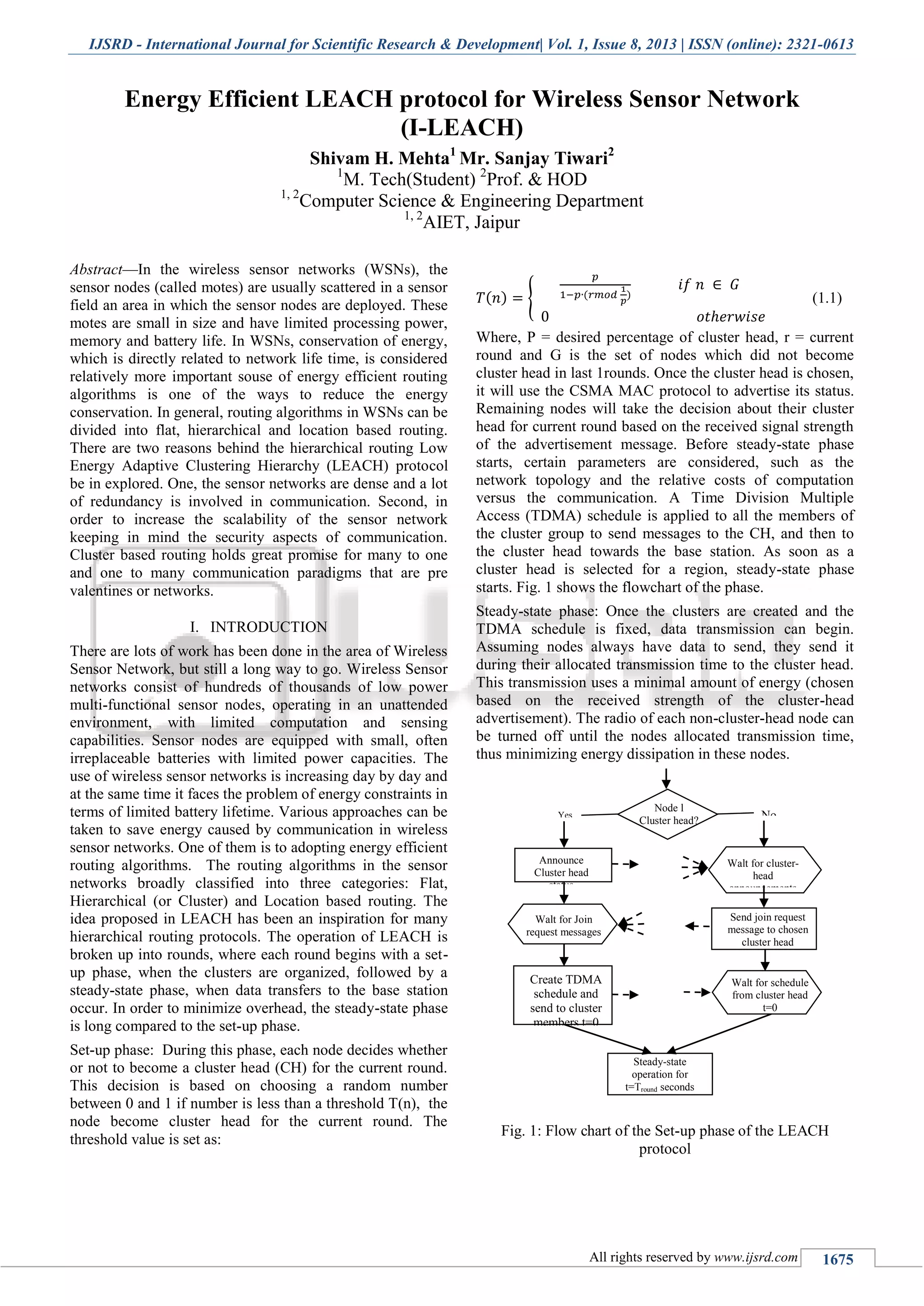 Energy Efficient LEACH protocol for Wireless Sensor Network (I-LEACH) | PDF
