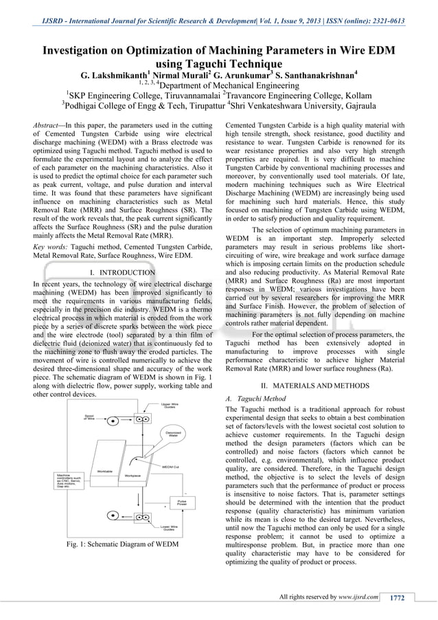 Investigation On Optimization Of Machining Parameters In Wire Edm Using Taguchi Technique Pdf