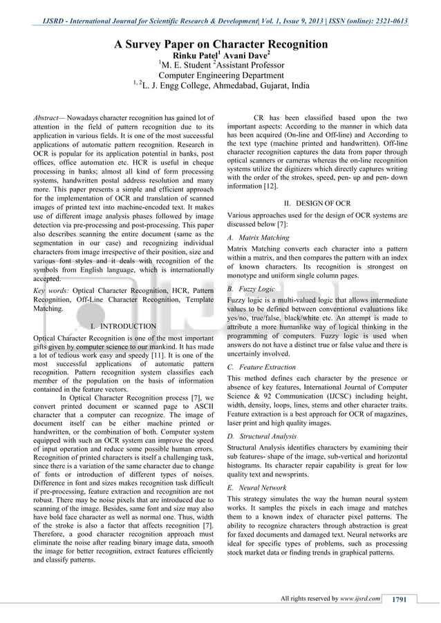 A Survey Paper on Character Recognition | PDF