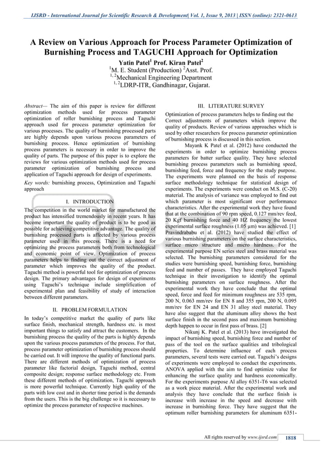 A Review On Various Approach For Process Parameter Optimization Of