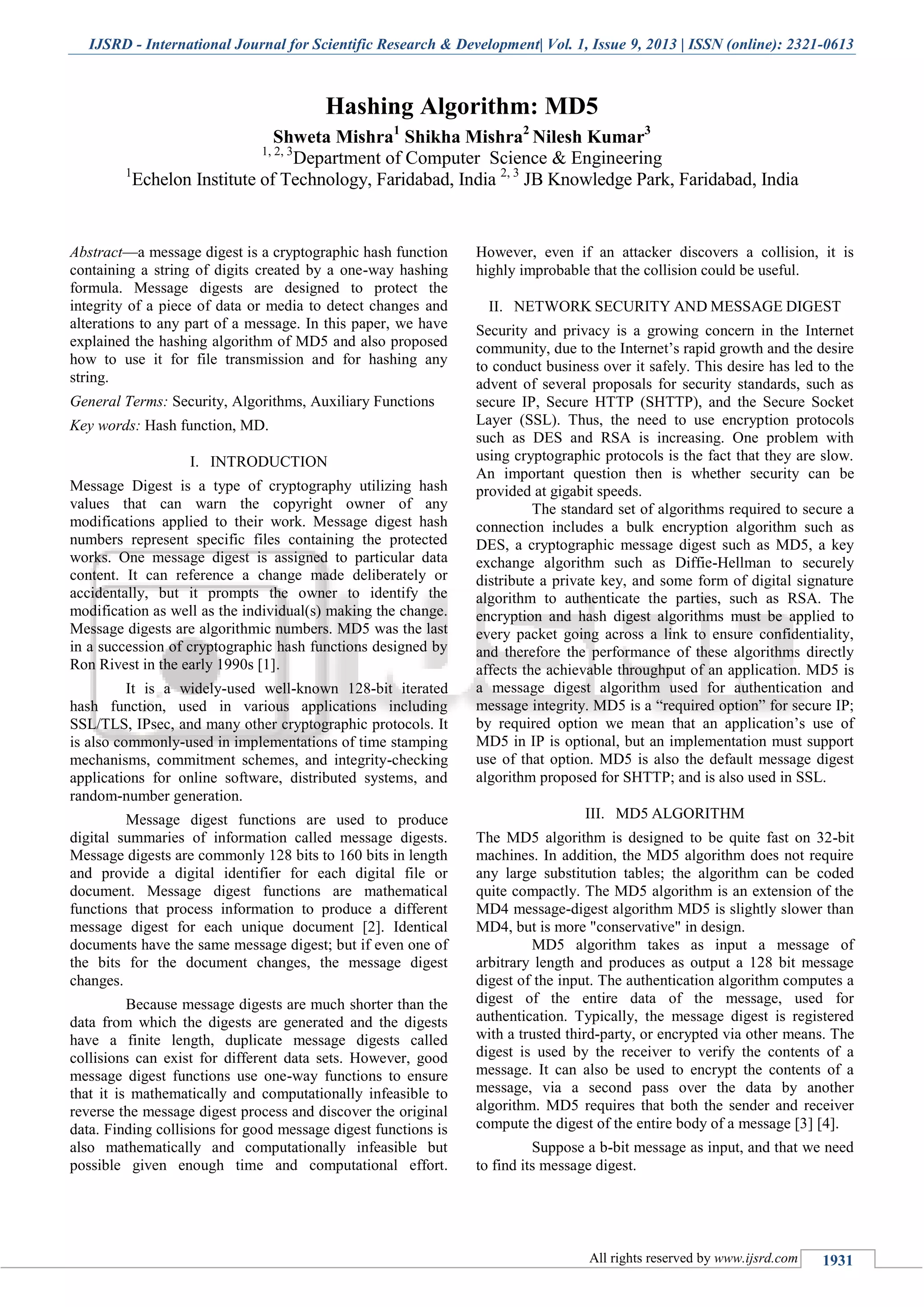 Hashing Algorithm: MD5 | PDF Hashing Algorithm: MD5 | PDF