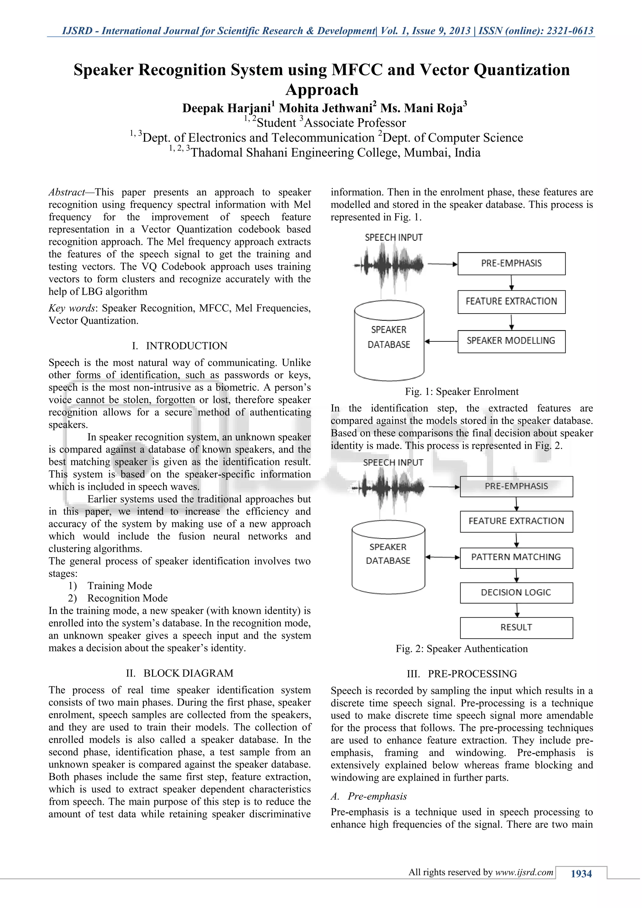 Speaker Recognition System Using Mfcc And Vector Quantization Approach Pdf