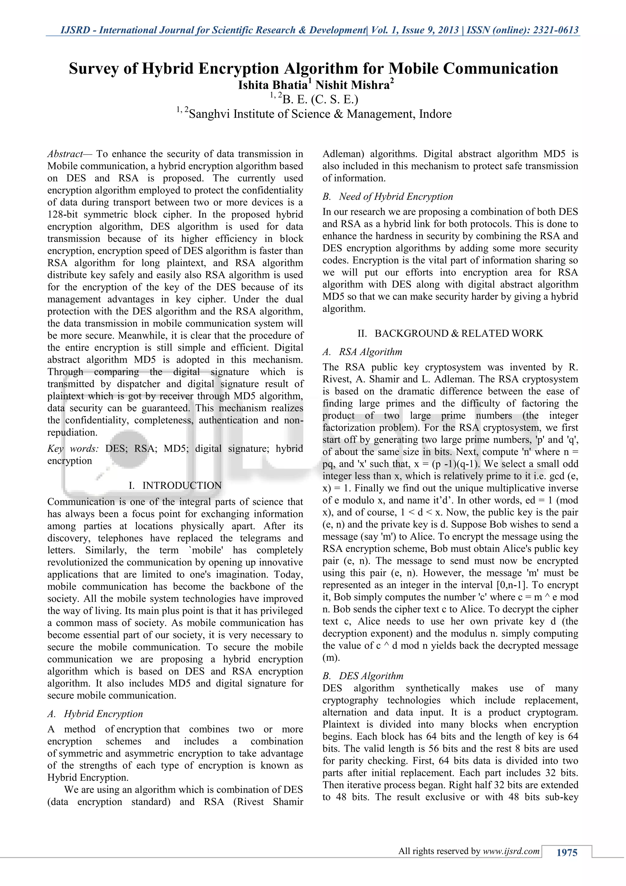 Survey Of Hybrid Encryption Algorithm For Mobile Communication Pdf