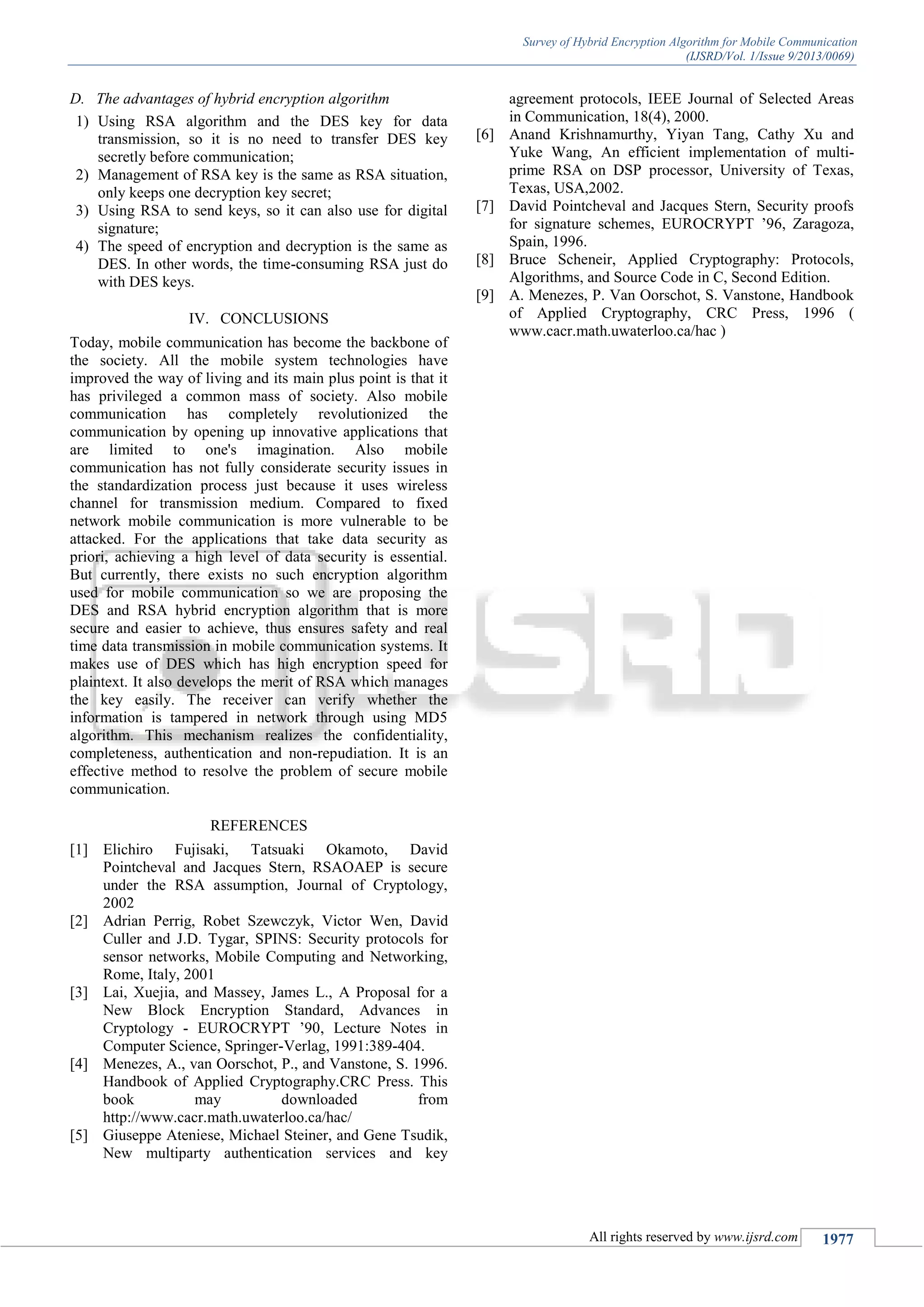 Survey Of Hybrid Encryption Algorithm For Mobile Communication Pdf