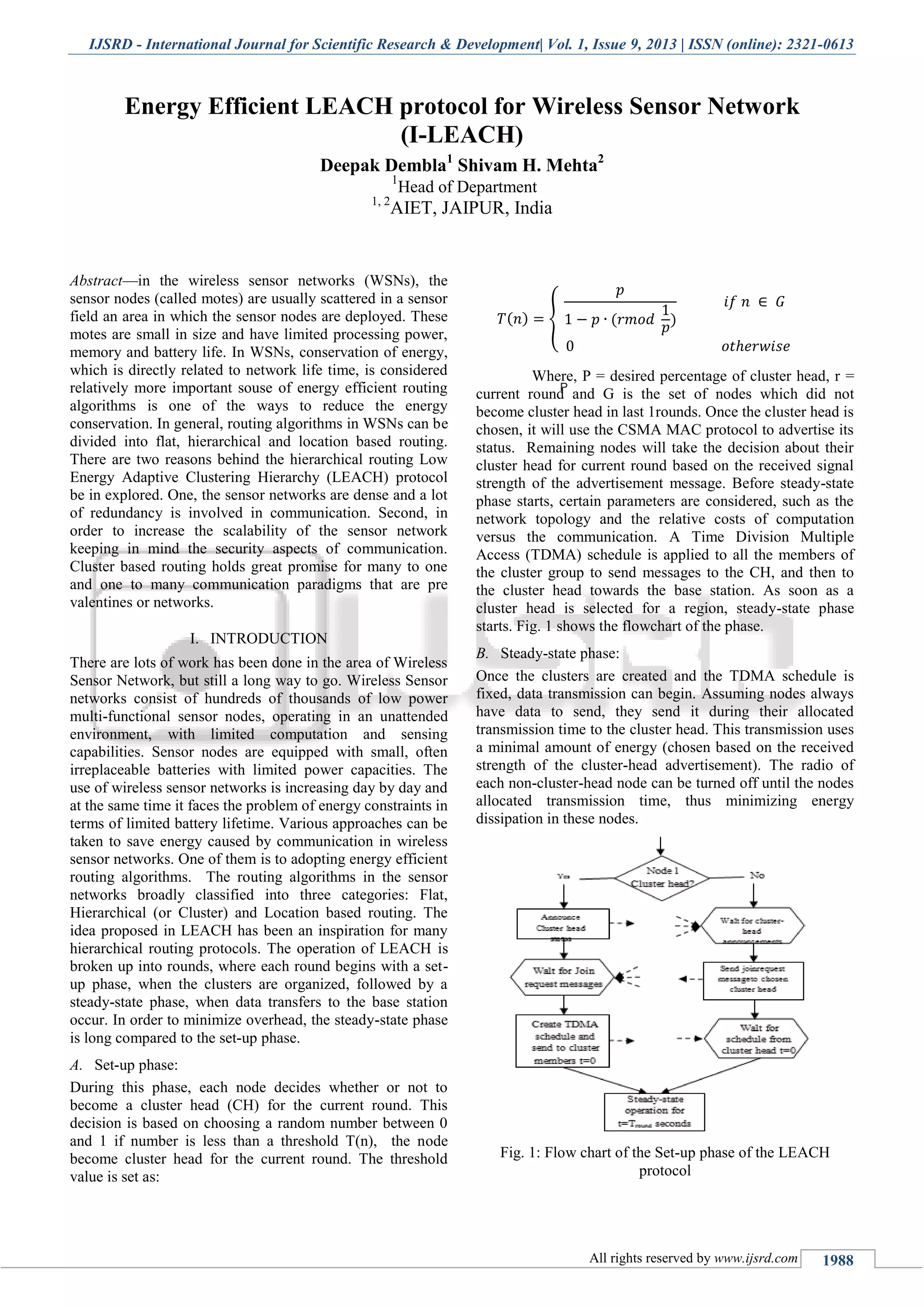 Energy Efficient LEACH protocol for Wireless Sensor Network (I-LEACH) | PDF