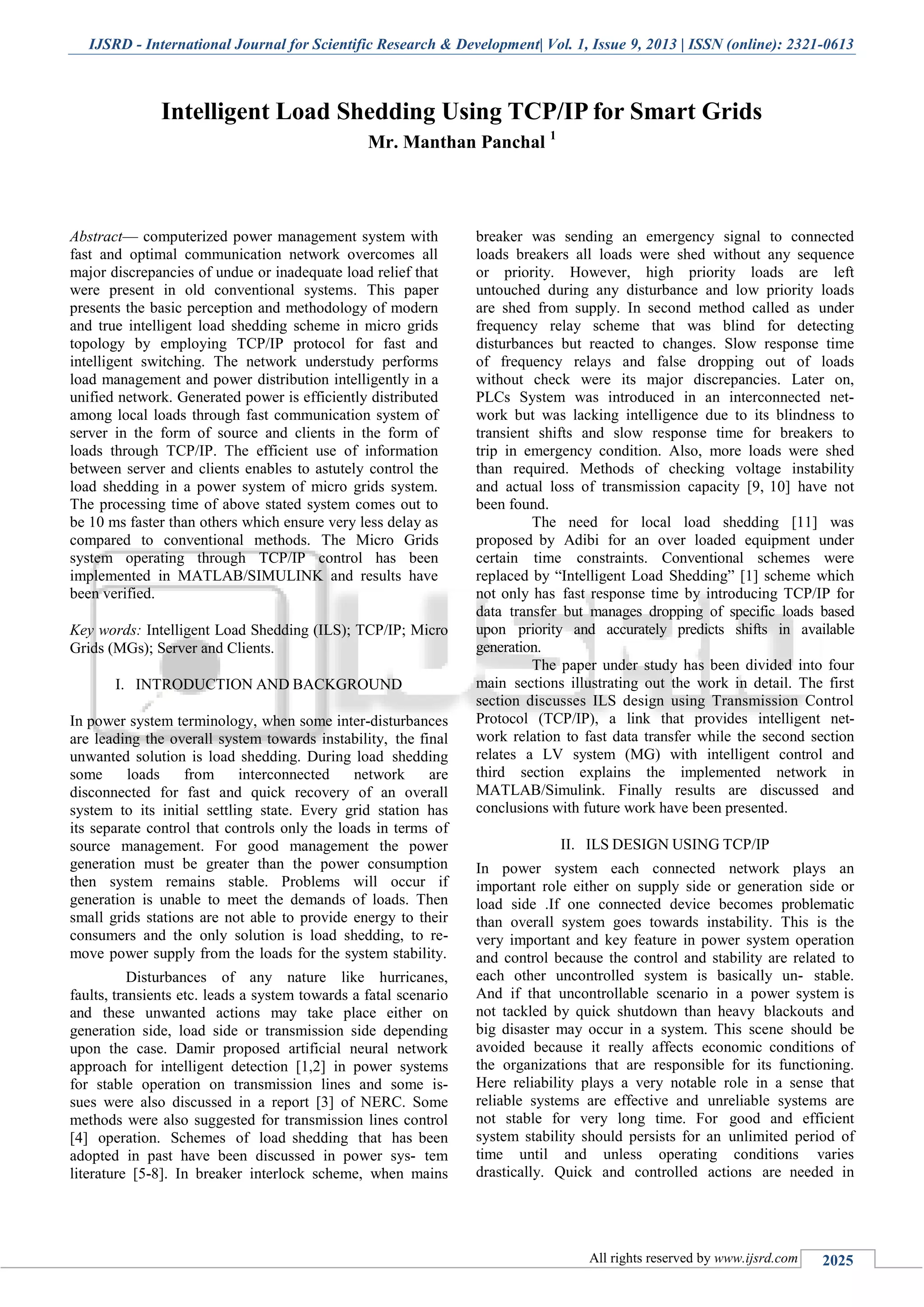 Intelligent Load Shedding Using TCP/IP for Smart Grids | PDF