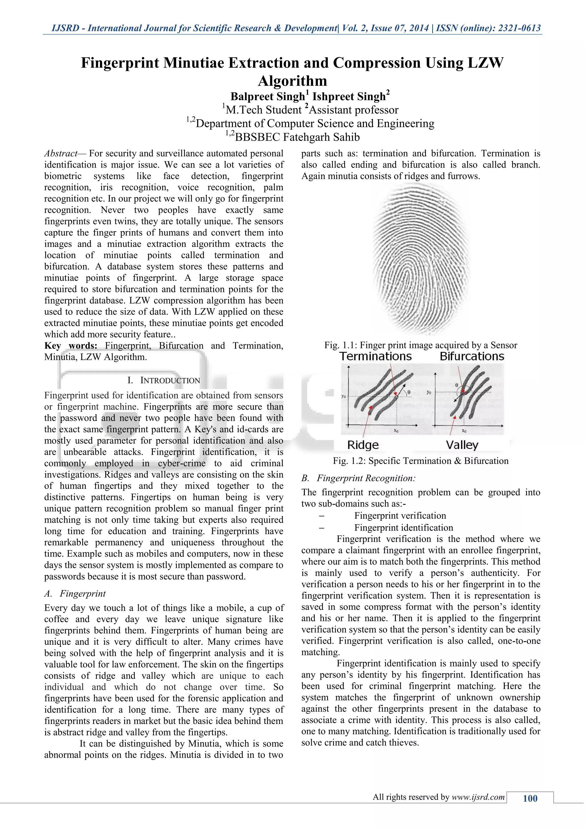 Fingerprint Minutiae Extraction And Compression Using Lzw Algorithm Pdf