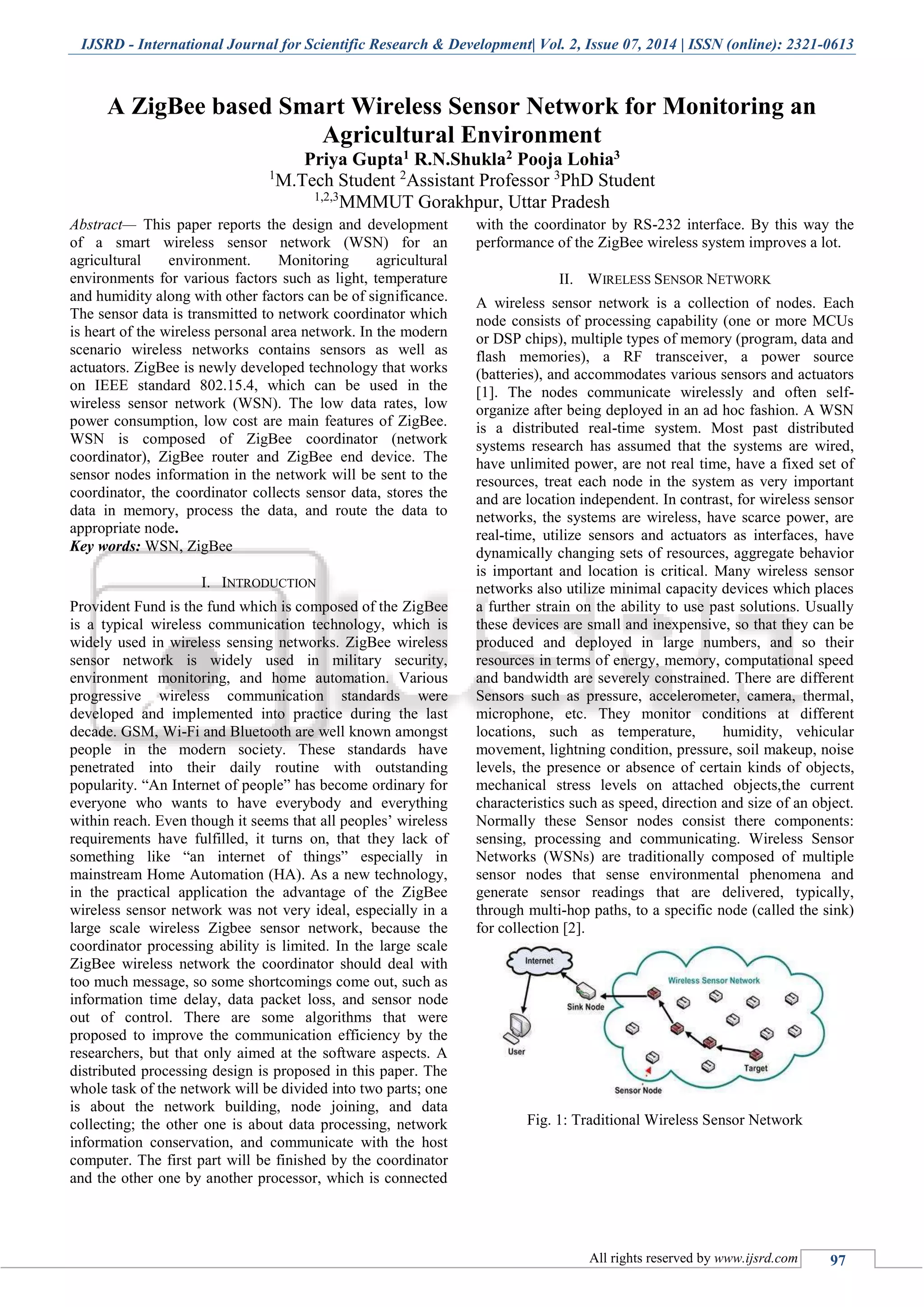 A ZigBee Based Wireless Sensor Network for an Agricultural Environment | PDF
