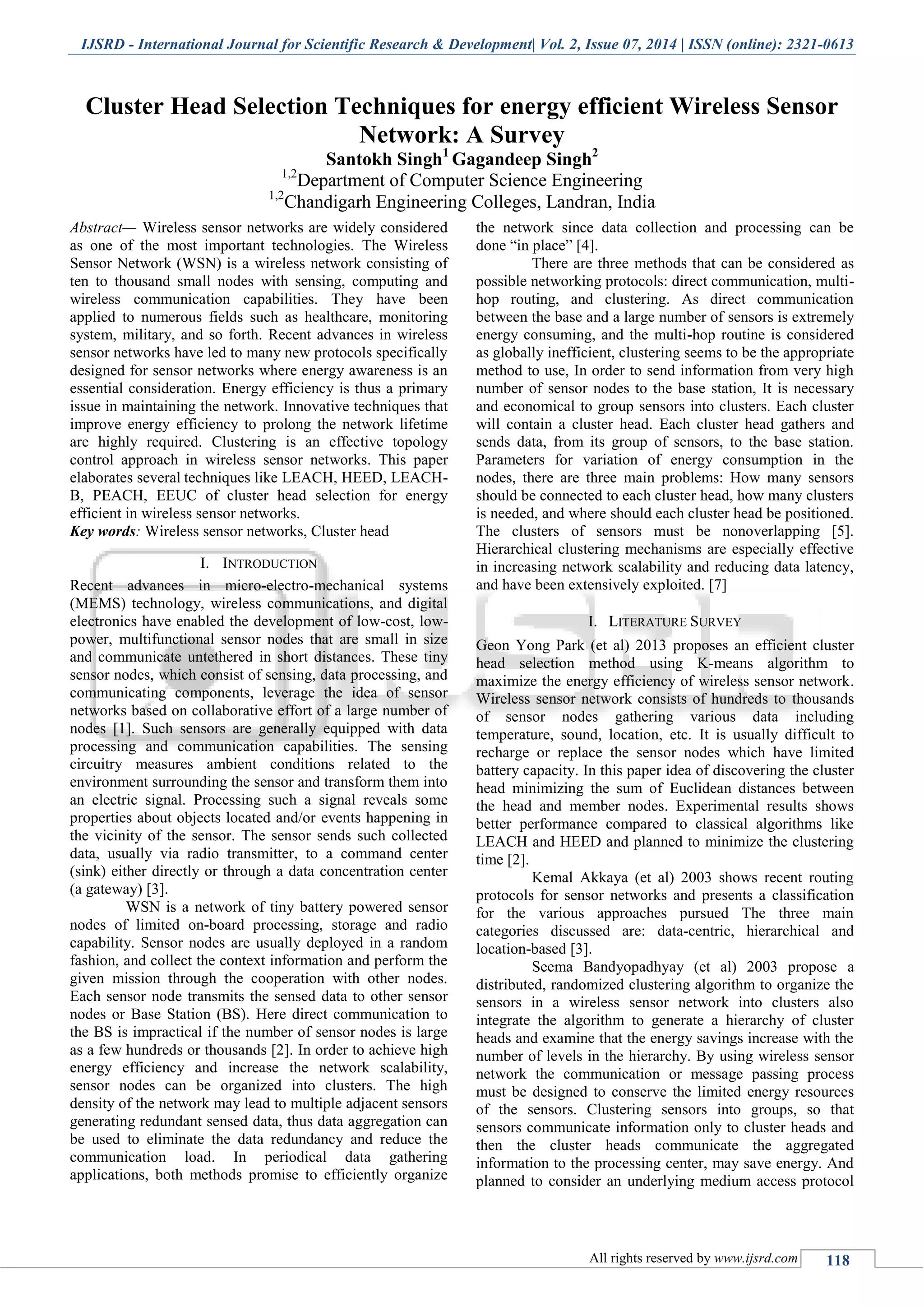 Cluster Head Selection Techniques for Energy Efficient Wireless Sensor Network: A Survey | PDF
