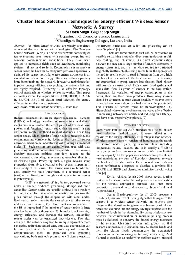 Cluster Head Selection Techniques for Energy Efficient Wireless Sensor Network: A Survey | PDF