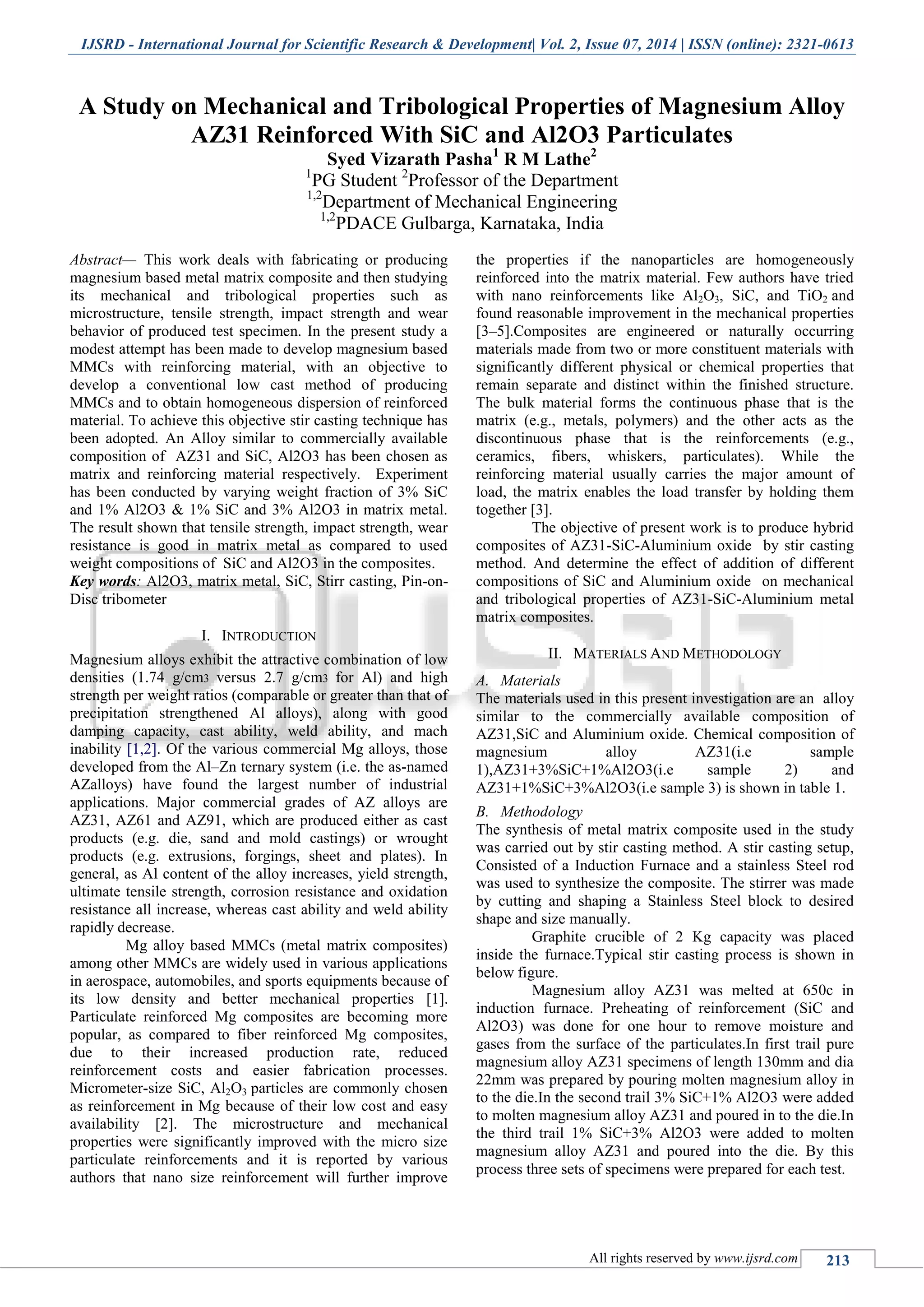 A Study on Mechanical and Tribological Properties of Magnesium Alloy AZ31 Reinforced with SIC ...