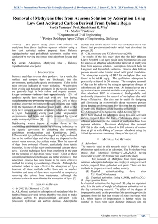 Removal of Methylene Blue from Aqueous Solution by Adsorption using Low ...