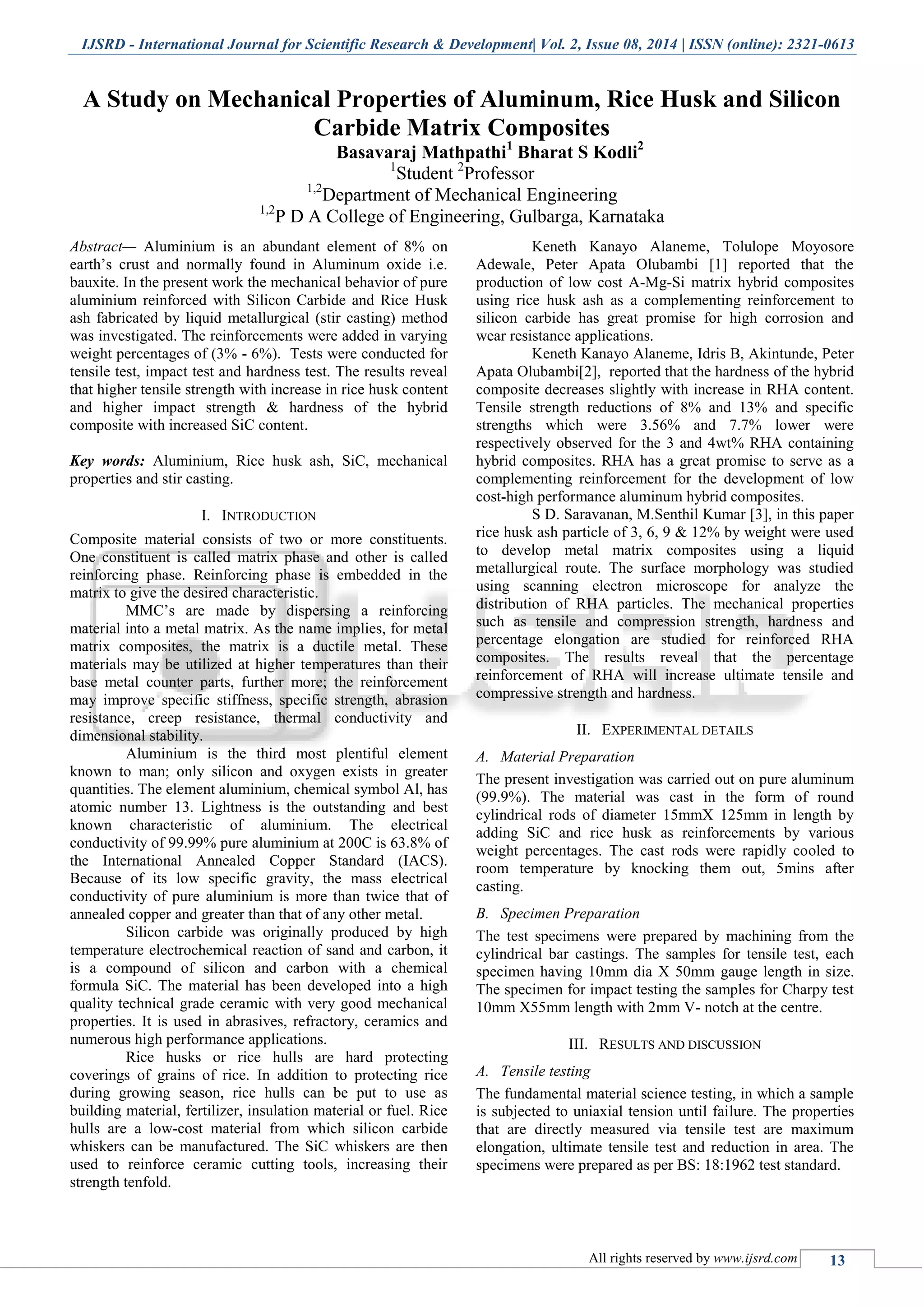 A Study on Mechanical Properties of Aluminum, Rice Husk and Silicon ...