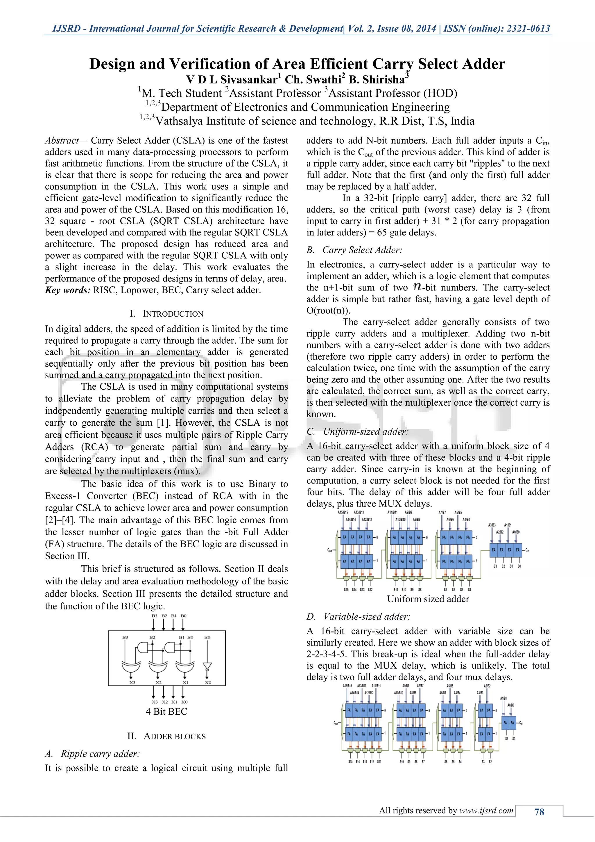 Design and Verification of Area Efficient Carry Select Adder | PDF | Programming Languages ...