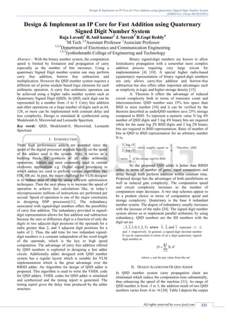 Design & Implement an IP Core for Fast Addition using Quaternary Signed Digit Number System | PDF
