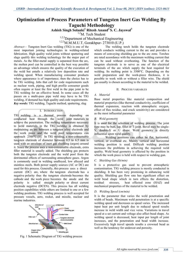 Optimization of Process Parameters of Tungsten Inert Gas Welding by Taguchi Methodology | PDF ...