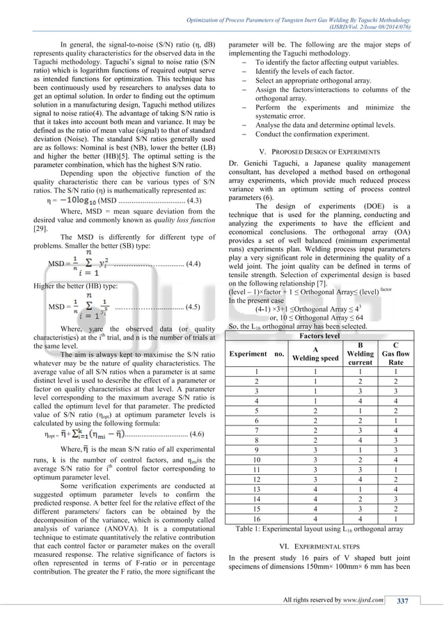 Optimization of Process Parameters of Tungsten Inert Gas Welding by Taguchi Methodology | PDF ...