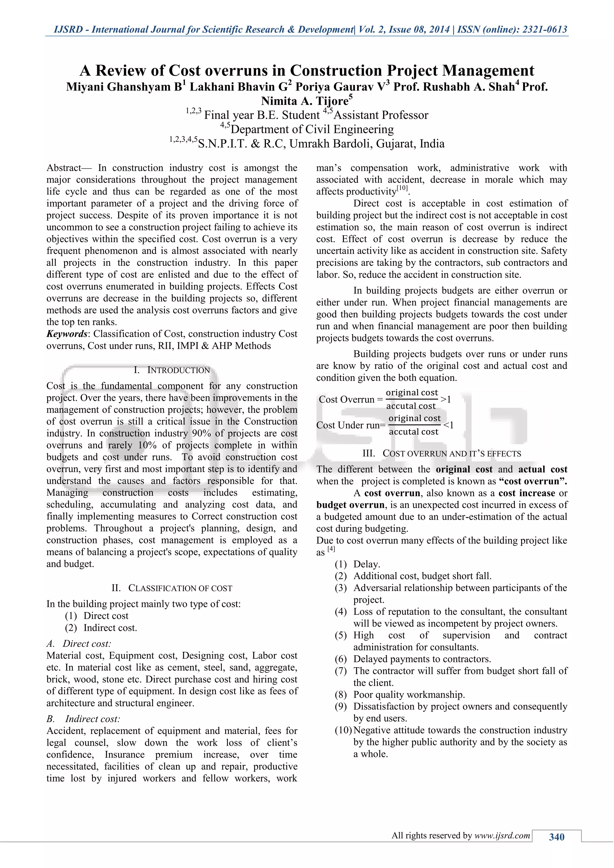 A Review of Cost overruns in Construction Project Management | PDF