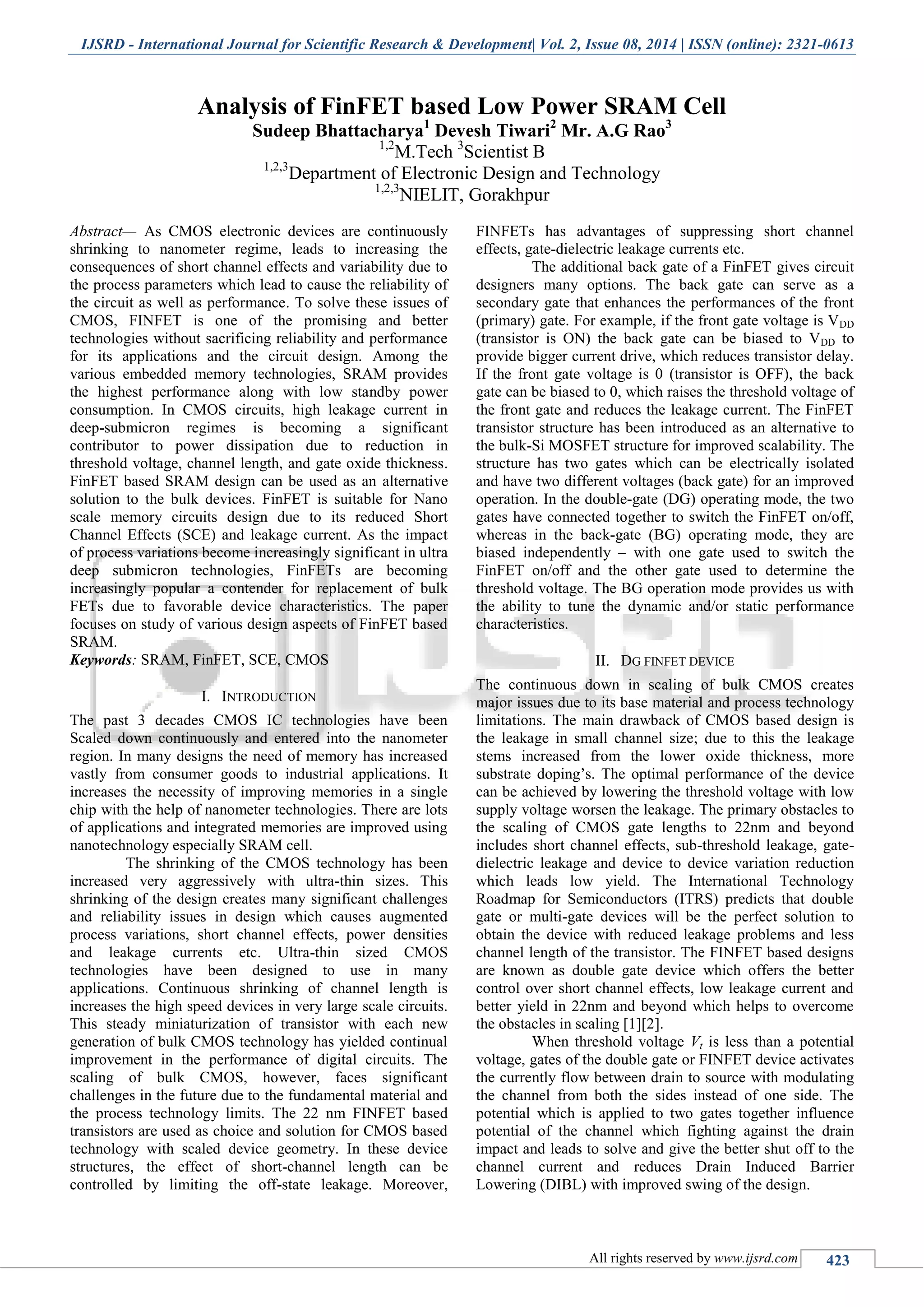 Analysis of FinFET based Low Power SRAM Cell | PDF