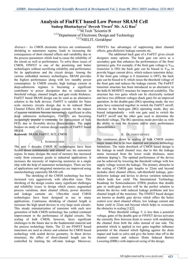 Analysis of FinFET based Low Power SRAM Cell | PDF