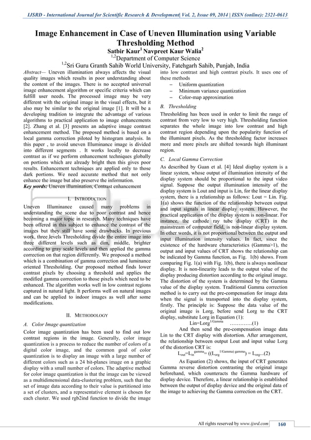 IMAGE ENHANCEMENT IN CASE OF UNEVEN ILLUMINATION USING VARIABLE THRESHOLDING METHOD | PDF