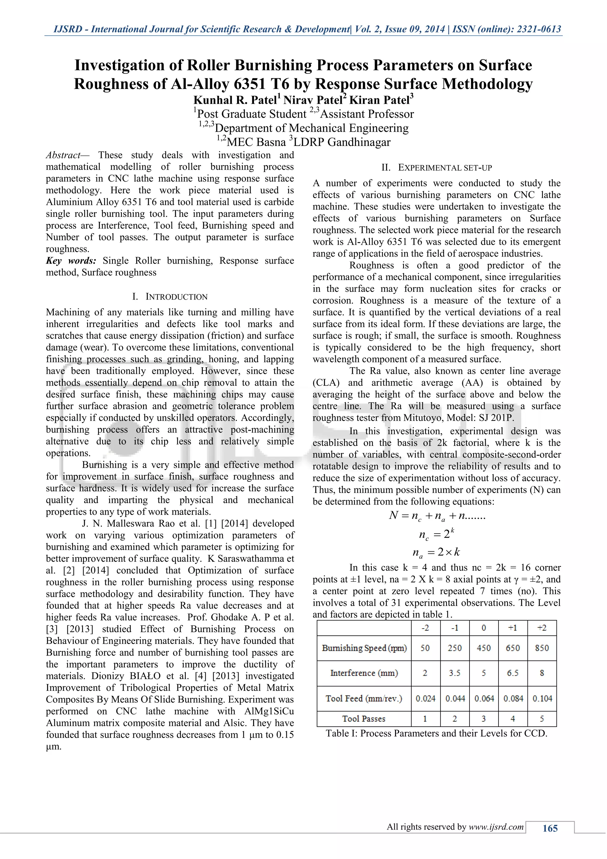 Investigation of Roller Burnishing Process Parameters on Surface ...