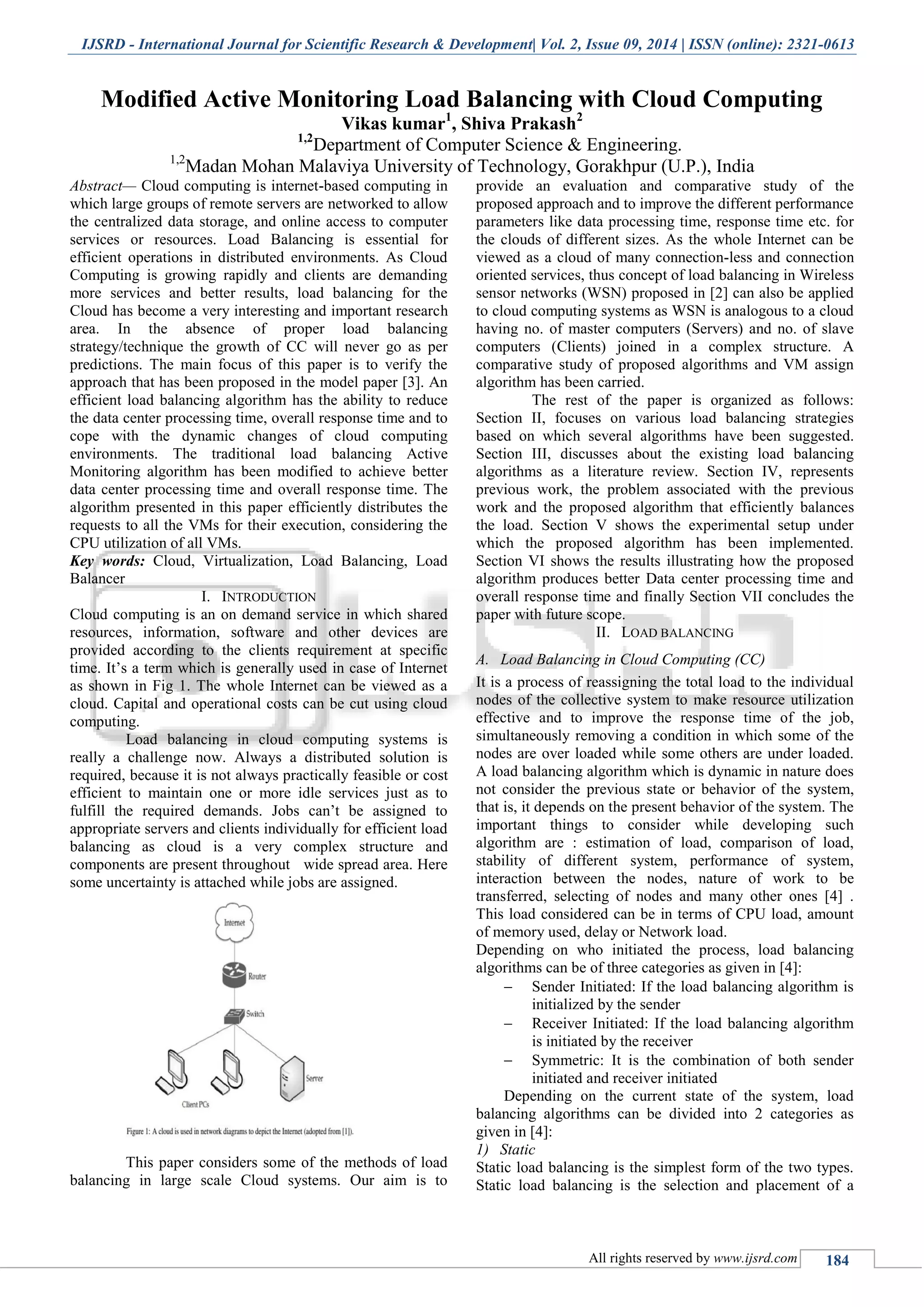 Modified Active Monitoring Load Balancing with Cloud Computing | PDF