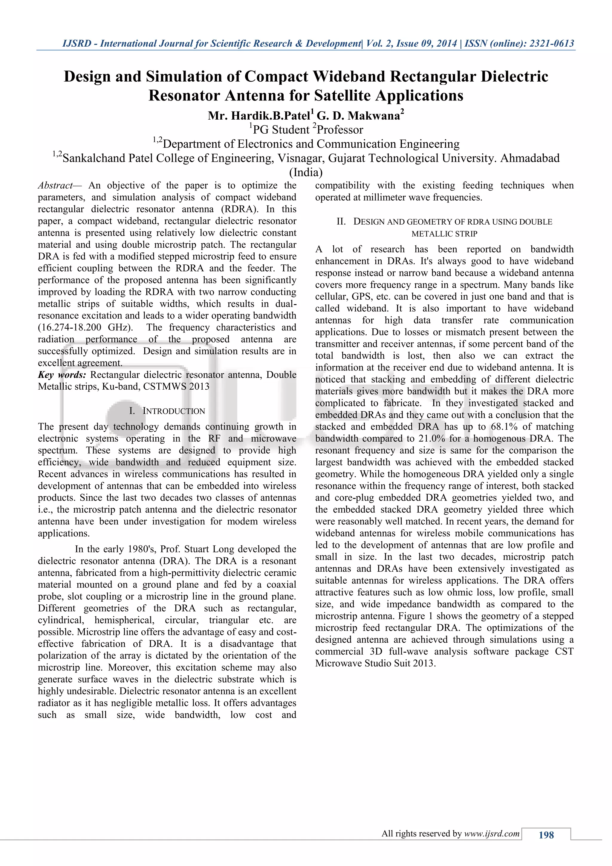 Design And Simulation Of Compact Wideband Rectangular Dielectric Resonator Antenna For Satellite