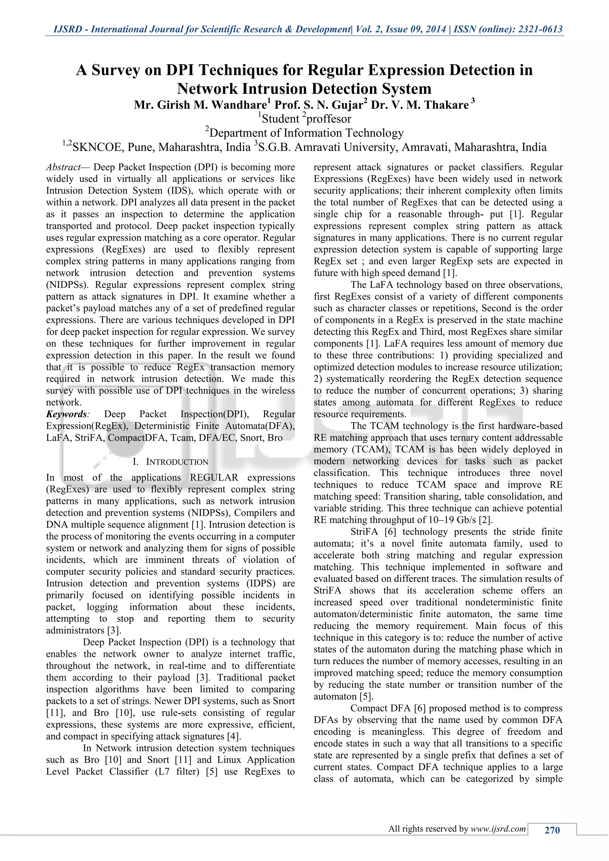 A Survey on DPI Techniques for Regular Expression Detection in Network Intrusion Detection ...